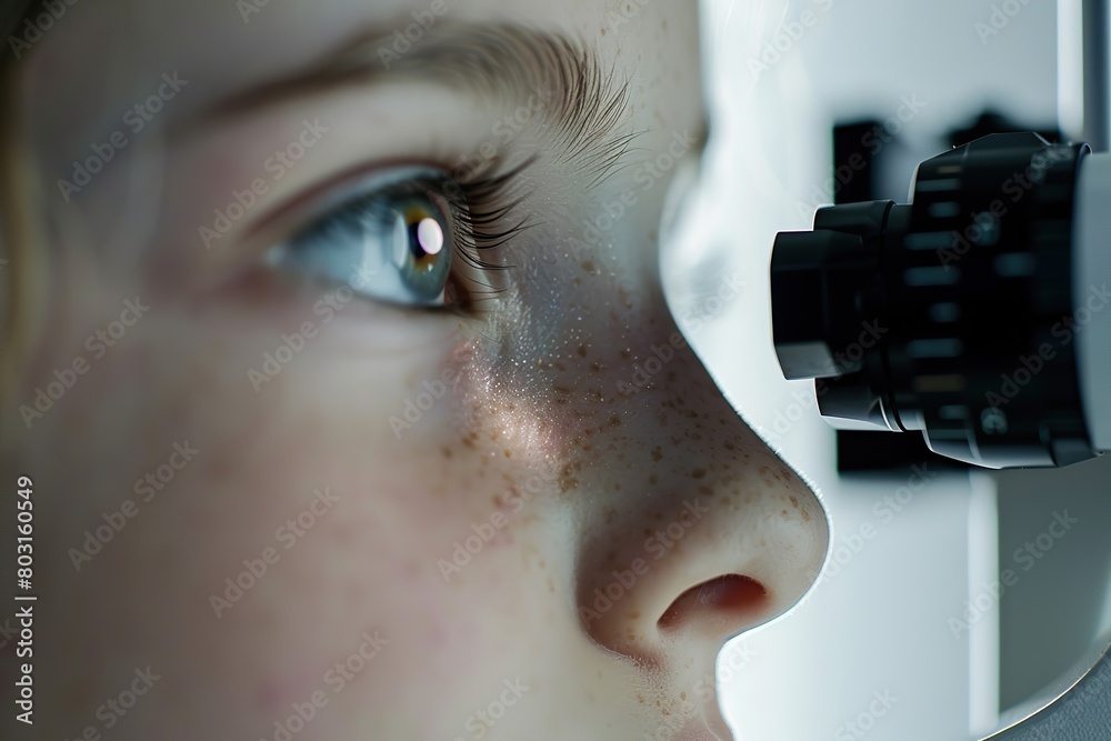 Child having his eyes checked with ophthalmic equipment. Child, eye exam and optometry for ...