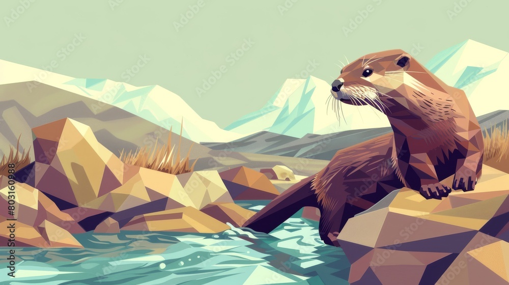 Stylized geometric otter in a serene river landscape, a blend of nature ...