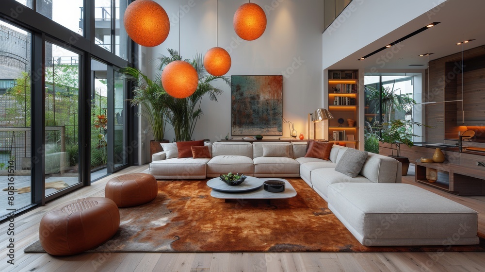 Design a modern living room with a statement lighting fixture, such as ...