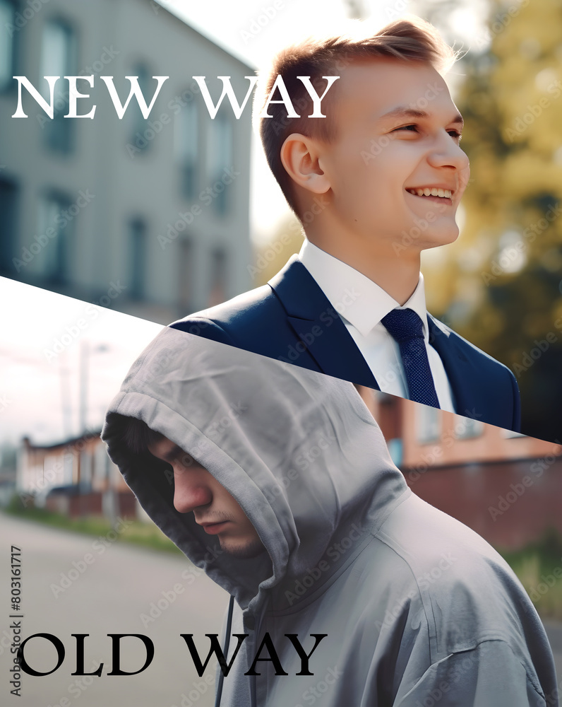 New way - old way. Motivational image for self-confidence and opening ...