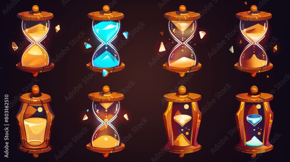 Animation sprite sheet with rotating game icon. Sandglass with falling ...
