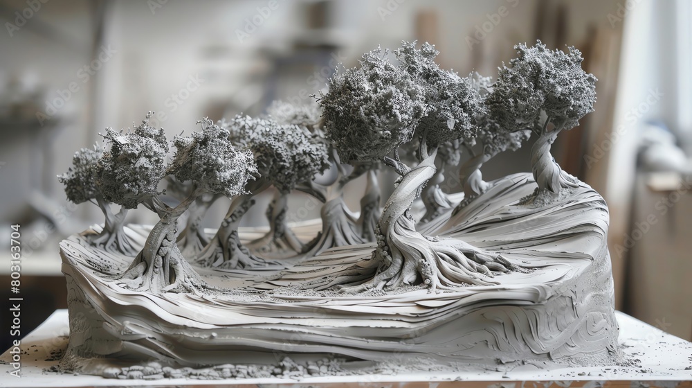 Craft a clay sculpture inspired by the aerial view of an olive grove ...