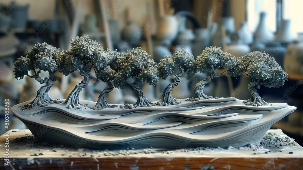 Craft a clay sculpture inspired by the aerial view of an olive grove ...