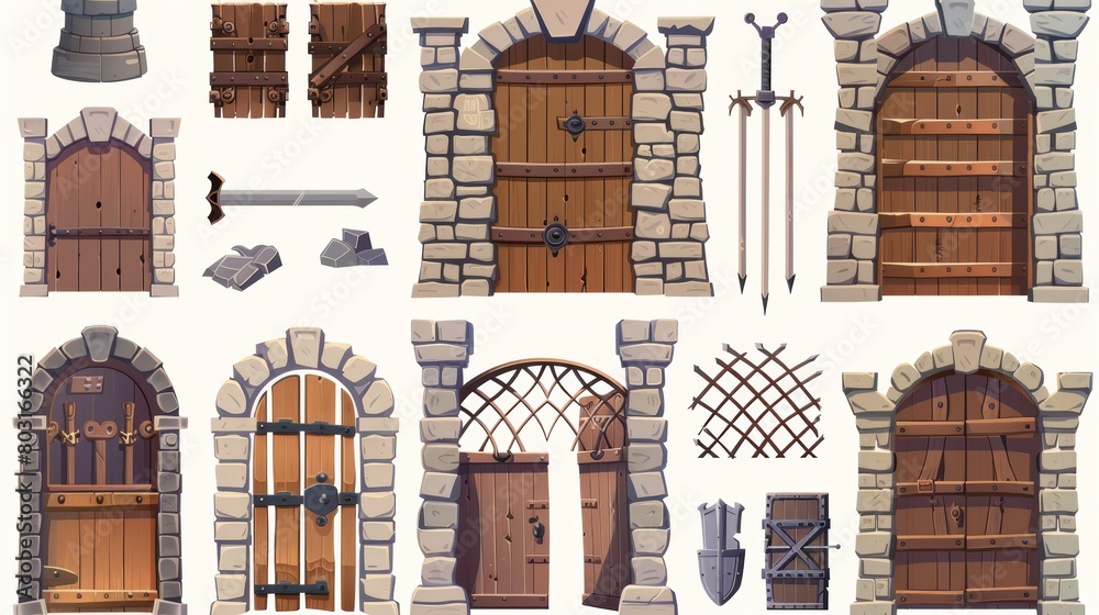 Isolated on white background, medieval castle gates with stone brick ...