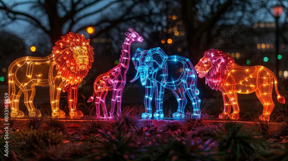 Arrange a neon showcase of safari symbols, including illuminated lions ...