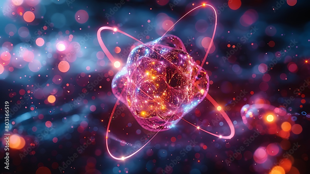 Illustrate atomic orbitals as vibrant light shows, with electrons tracing luminous paths around ...