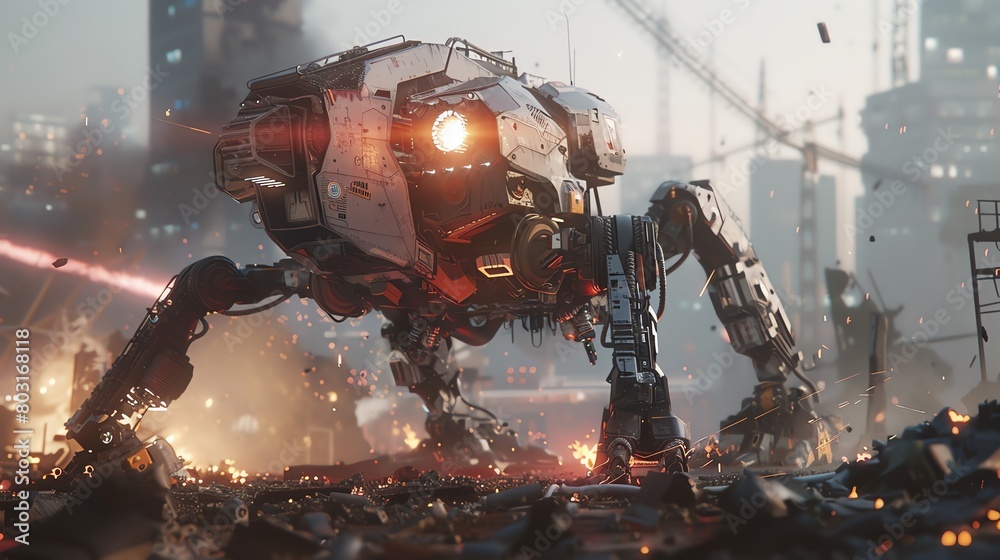 Capture the intense battle scene of futuristic robots fighting in a ...