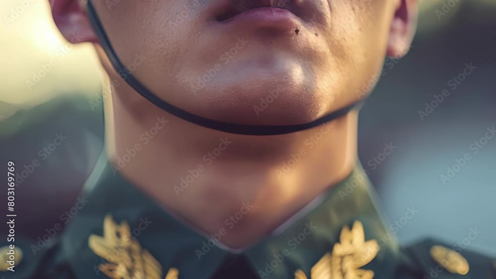 A proud soldier stands at attention their chin held high and their eyes ...