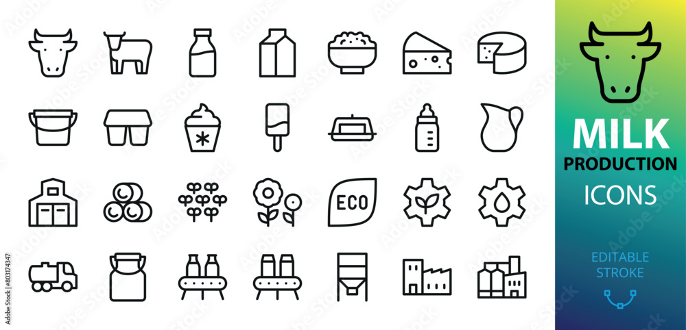 Milk production isolated icons set. Set of cow, eco dairy products ...
