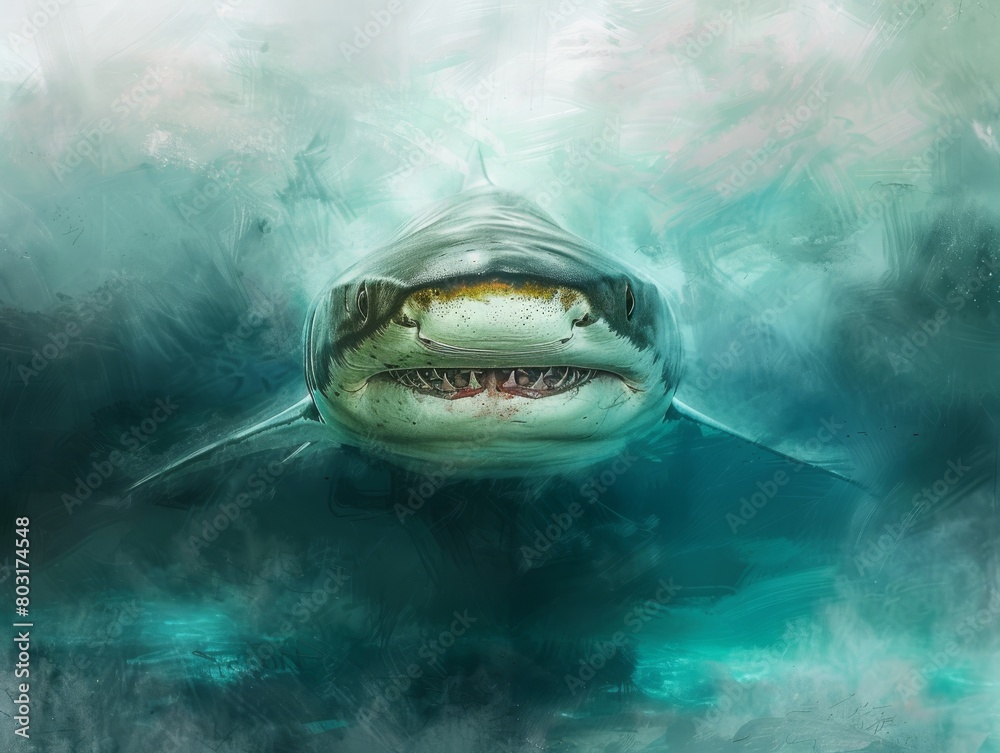 A hyperealistic shark emerges from a bleached sea, its gaze exuding ...
