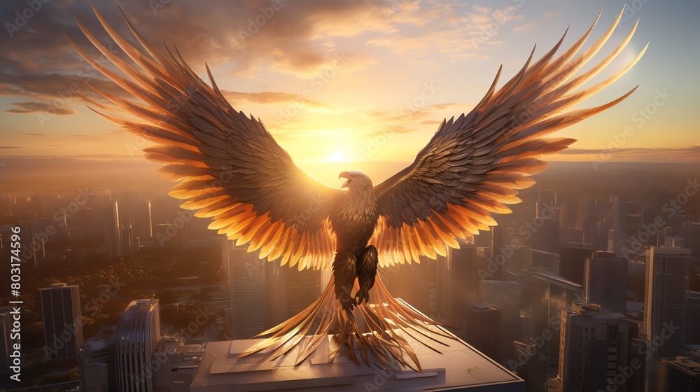 Convey the awe-inspiring presence of a towering phoenix soaring amidst ...