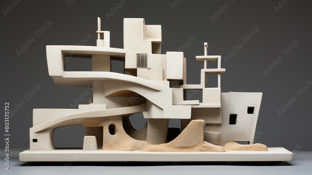 Craft a clay sculpture of a minimalist, ultra-modern residential ...