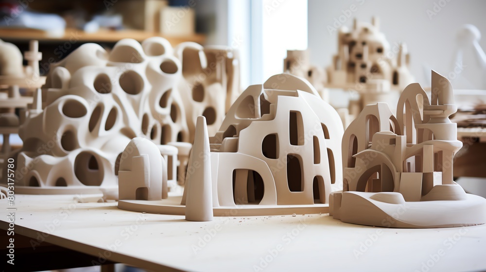 Craft a clay sculpture of a minimalist, ultra-modern residential ...