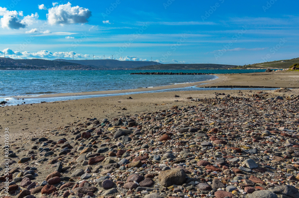 sand beach on Yumru Koyu Bay coast in Alacati (Izmir province, Turkey ...