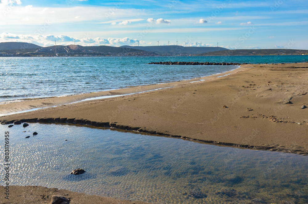 sand beach on Yumru Koyu Bay coast in Alacati (Izmir province, Turkey ...