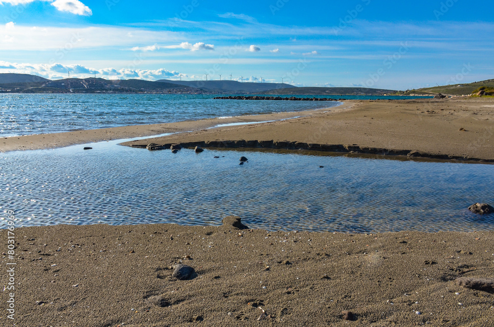 sand beach on Yumru Koyu Bay coast in Alacati (Izmir province, Turkey ...