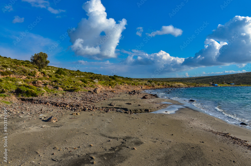 scenic beach on Yumru Koyu Bay coast in Alacati (Izmir province, Turkey ...