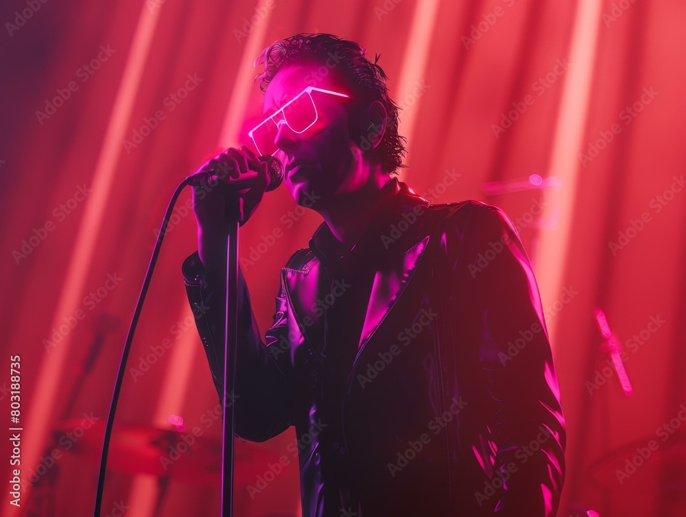 The lead singer of a rock band is lit by a red spotlight while ...