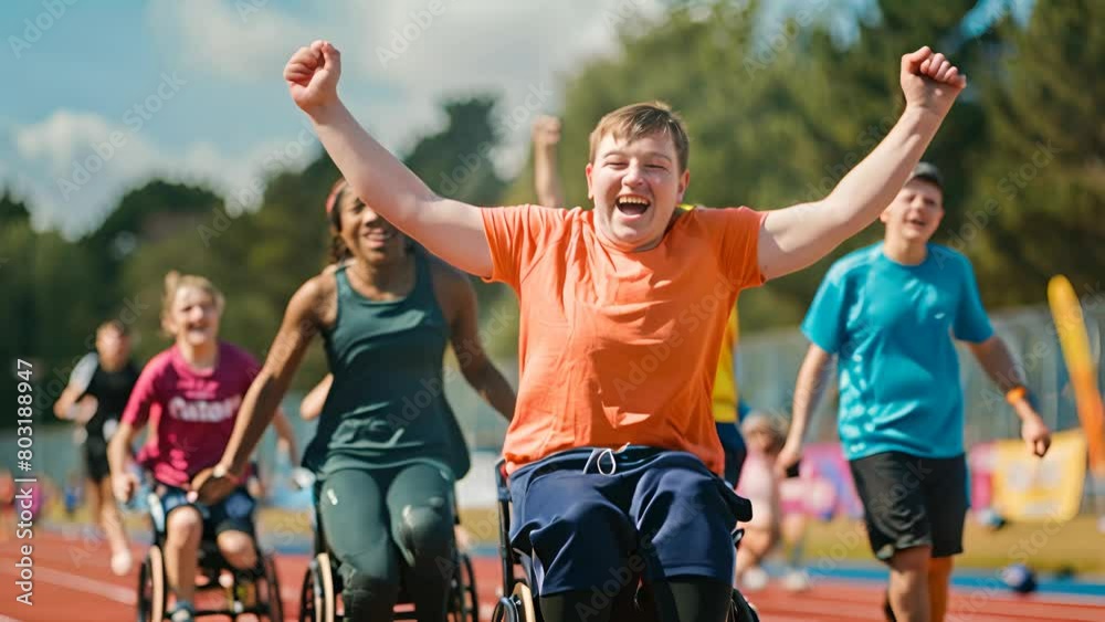 A diverse group of athletes with disabilities celebrates victory on a ...