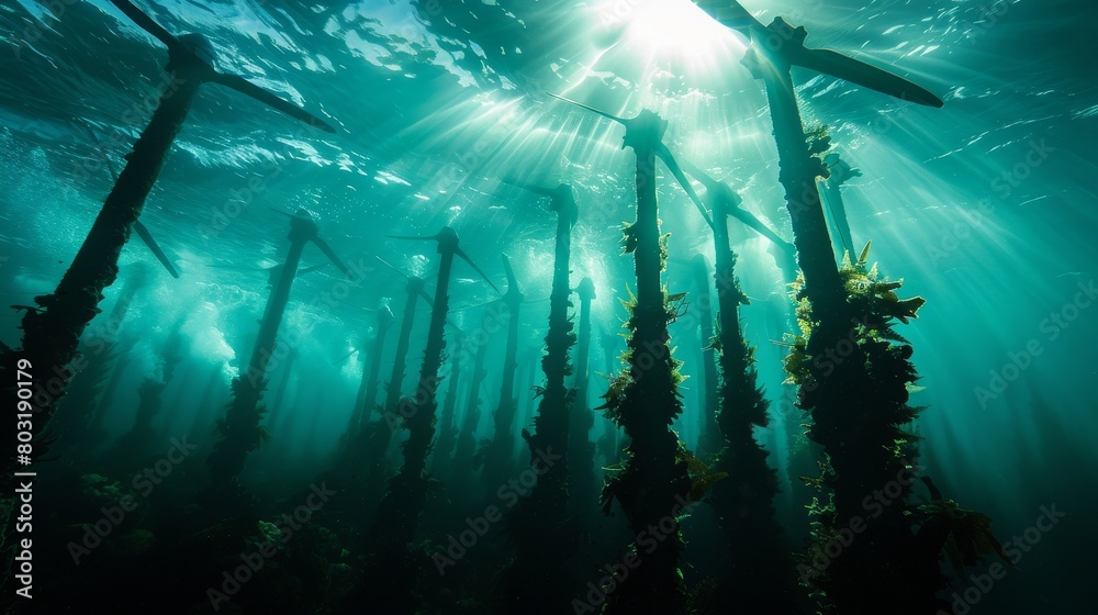 Underwater turbines in a sunlit ocean, a sustainable energy solution ...