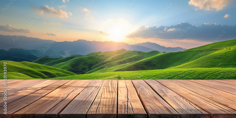 mountain green field landscape background and wooden empty dais table ...