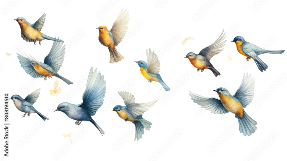 A flock of birds is flying in the sky. The birds are blue, green, and ...