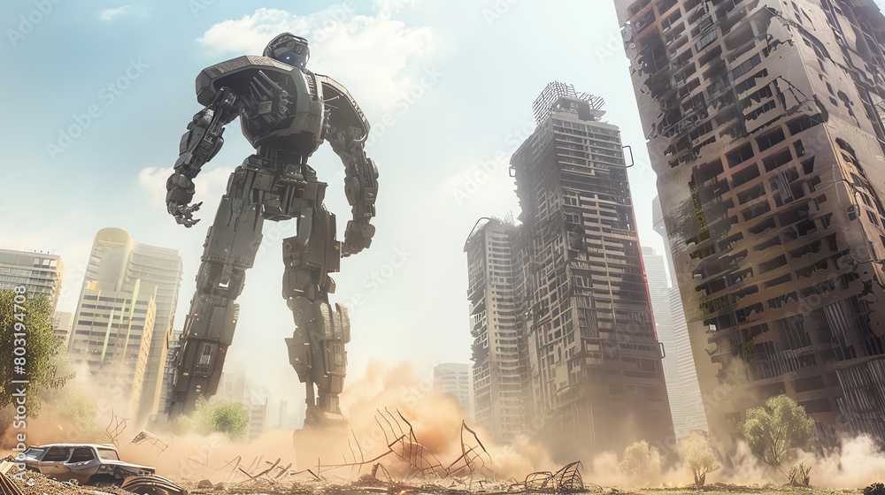 Render a humanoid robot in a post-apocalyptic cityscape, towering over ...