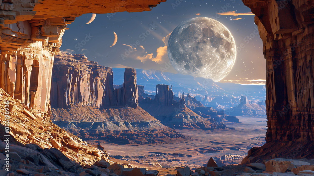 A canyon vista with the lunar eclipse framed by towering rock ...