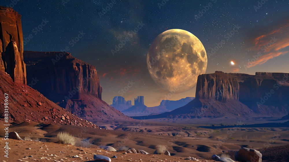 A canyon landscape with the lunar eclipse visible between towering rock ...