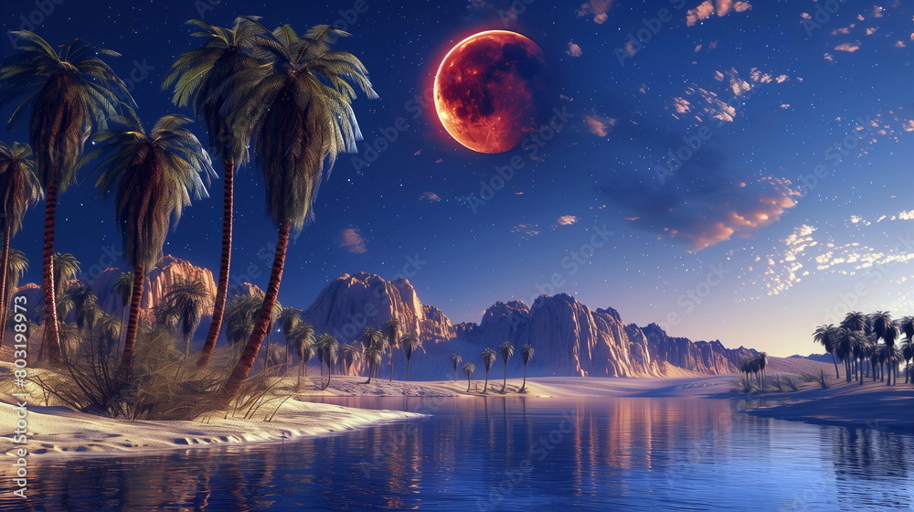 A desert oasis with the lunar eclipse visible above the palm trees, adding an element of ...