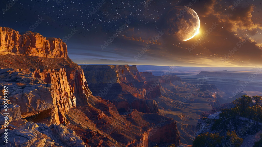 A canyon overlook with the lunar eclipse hanging low in the sky ...