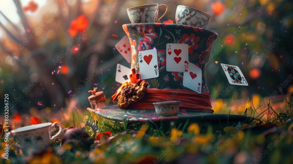 Stacked whimsical tea cups topped with a colorful mad hatter hat in an ...