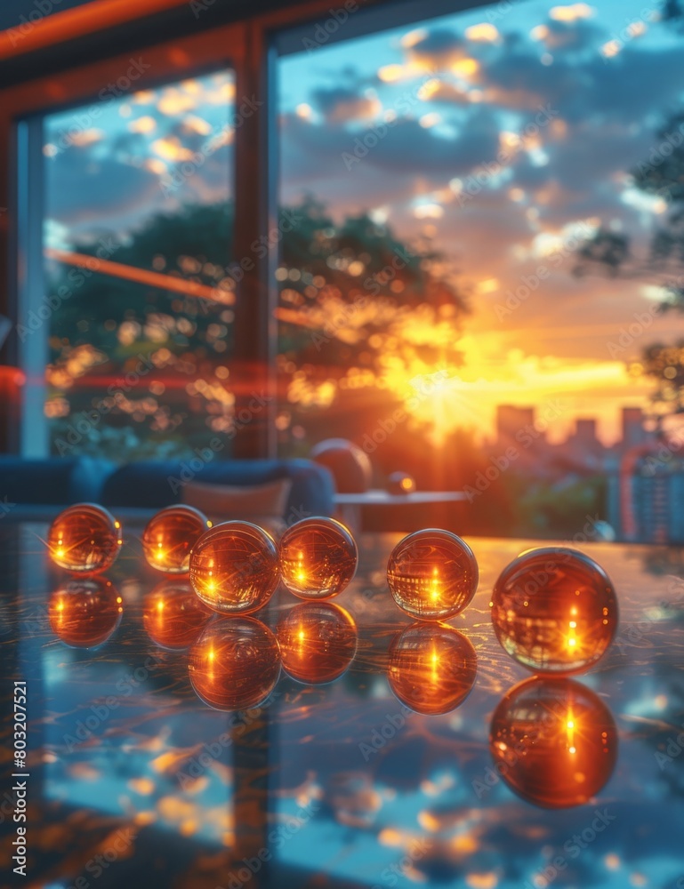 Minimalistic Black Sphere on Glass and Metal Table with Colorful ...