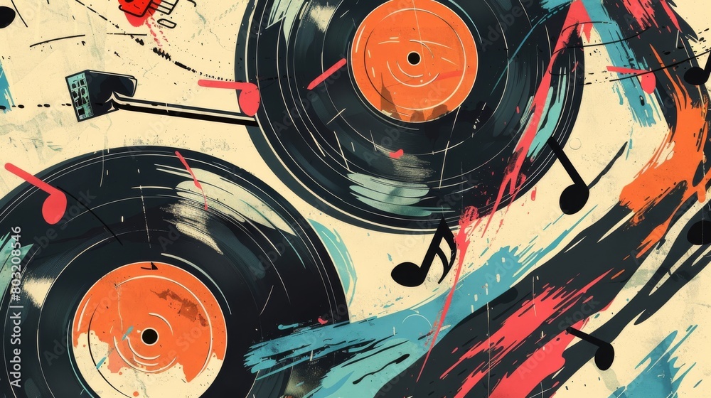 Vintage record collection in a retro-inspired design with splashes of ...