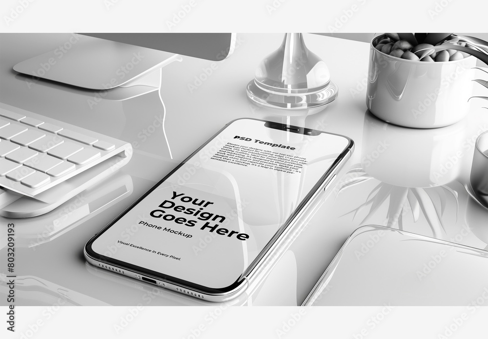 White Phone Mockup Screen Template with Desk Keyboard Coffee Computer ...