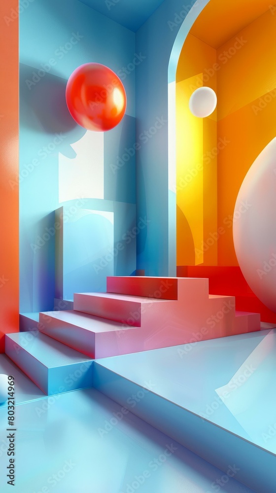 3D rendering of a colorful room with geometric shapes and a staircase ...
