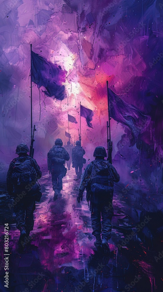 A digital artwork showing a solemn military parade with soldiers ...