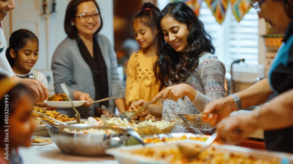 Multicultural families sharing a potluck dinner, sampling dishes from ...