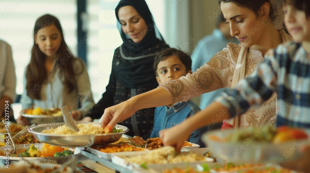 Multicultural families sharing a potluck dinner, sampling dishes from ...