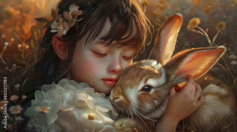 Two friends, a girl and her bunny, sharing a tender moment of bonding ...