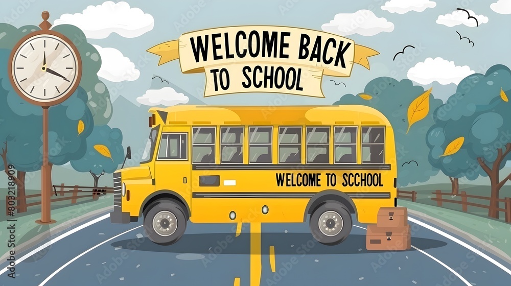 A cheerful school bus and banner saying Welcome Back to School signify ...