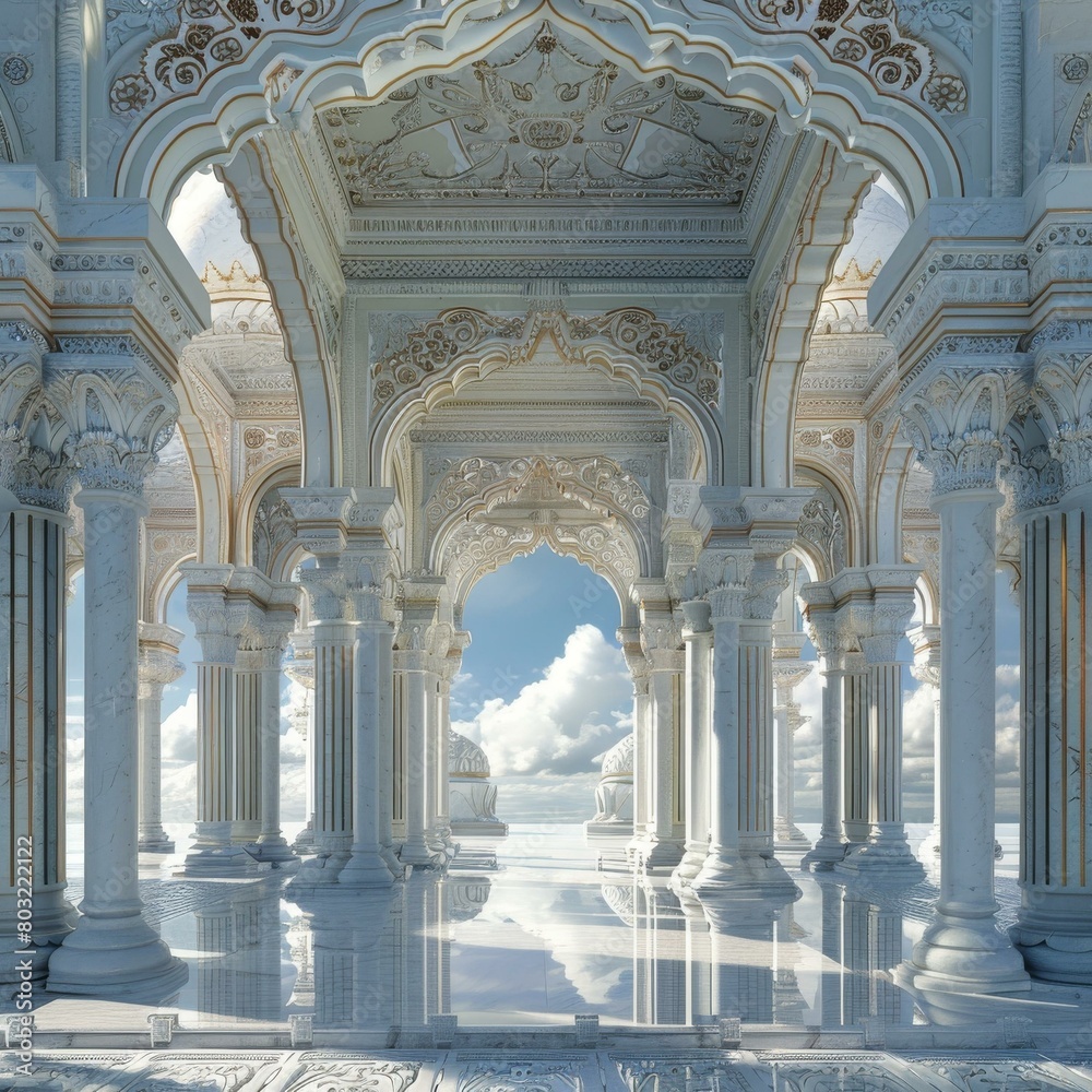ornate white marble palace interior with arched openings and columns ...