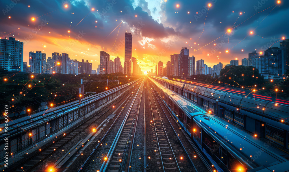 High speed train in motion on the railway station at sunset. Fast ...