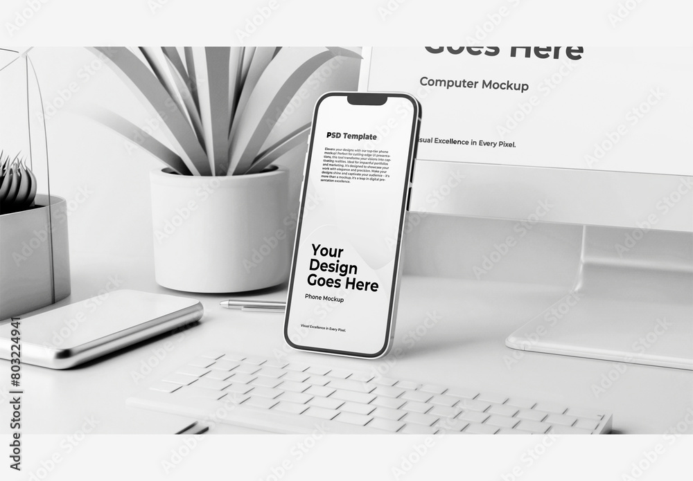 Phone Mockup Screen Template with Computer Monitor, Keyboard, Mouse ...