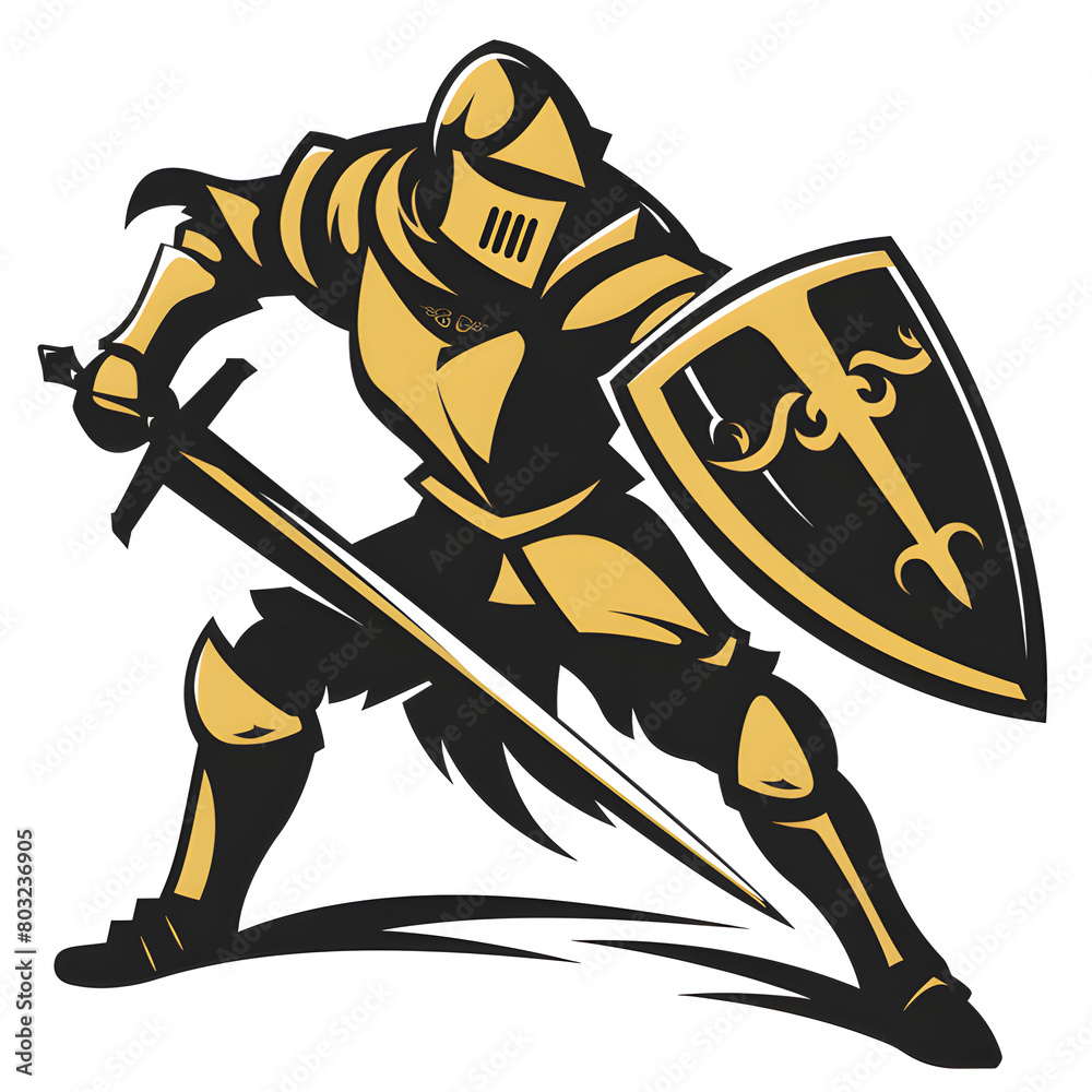 A bold vector graphic depicting a knight in golden and black armor ...
