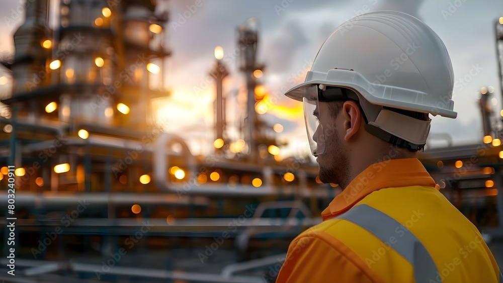 Engineer in white safety helmet at oil refinery plant from drone view ...