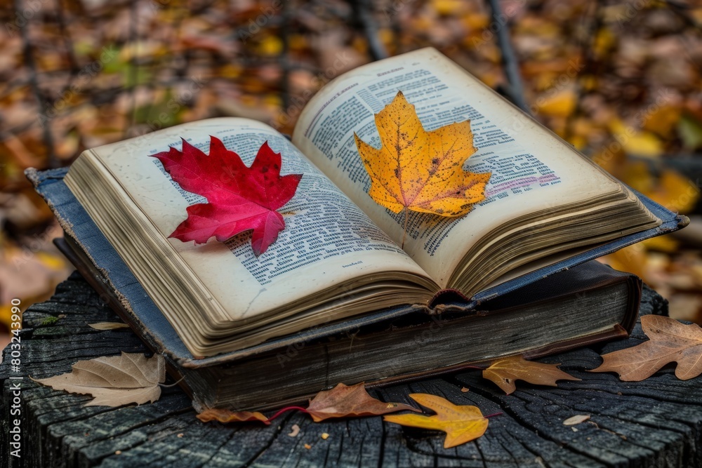 Foto de An open book laid flat on a surface with a single leaf resting ...