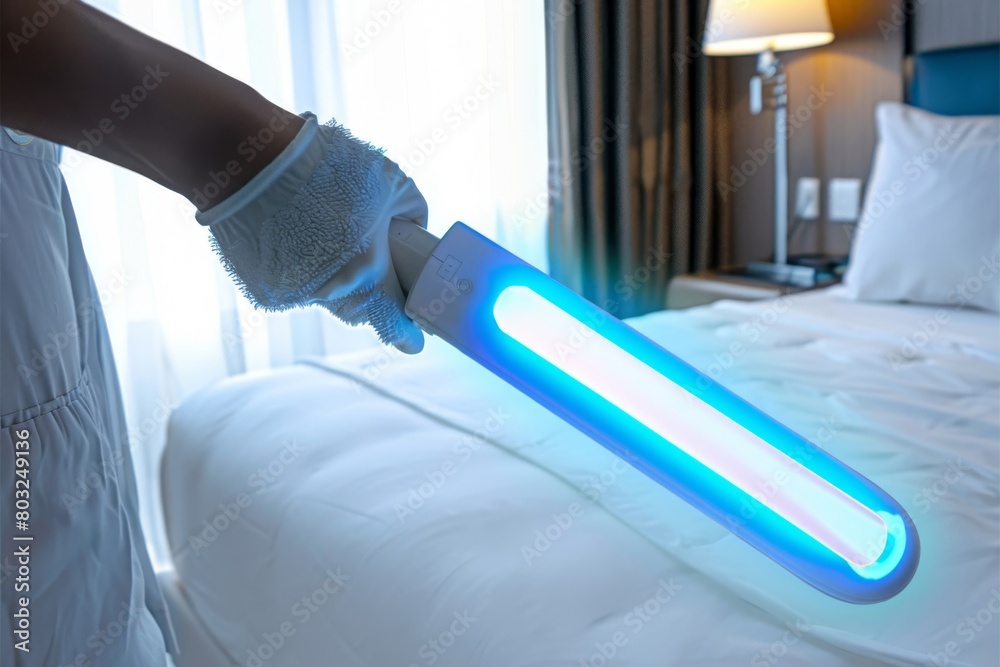 Hotel worker is sanitizing a bed using a portable uv light wand to ...