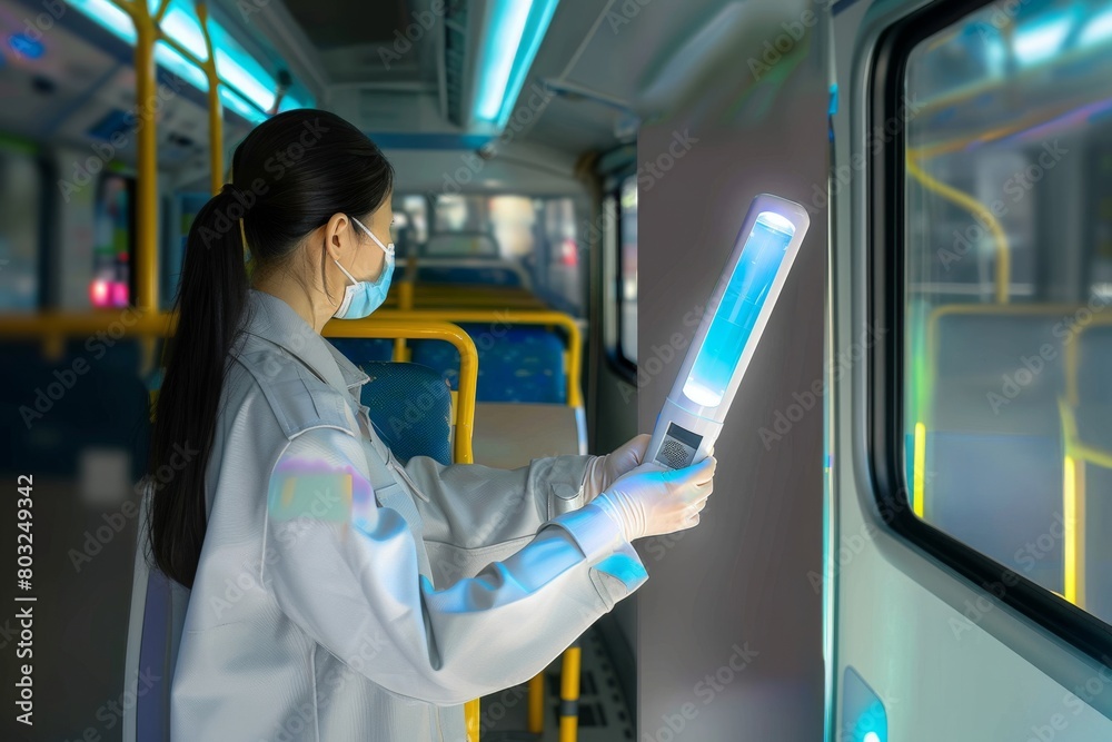 Diligent worker in protective gear uses an ultraviolet light wand to ...