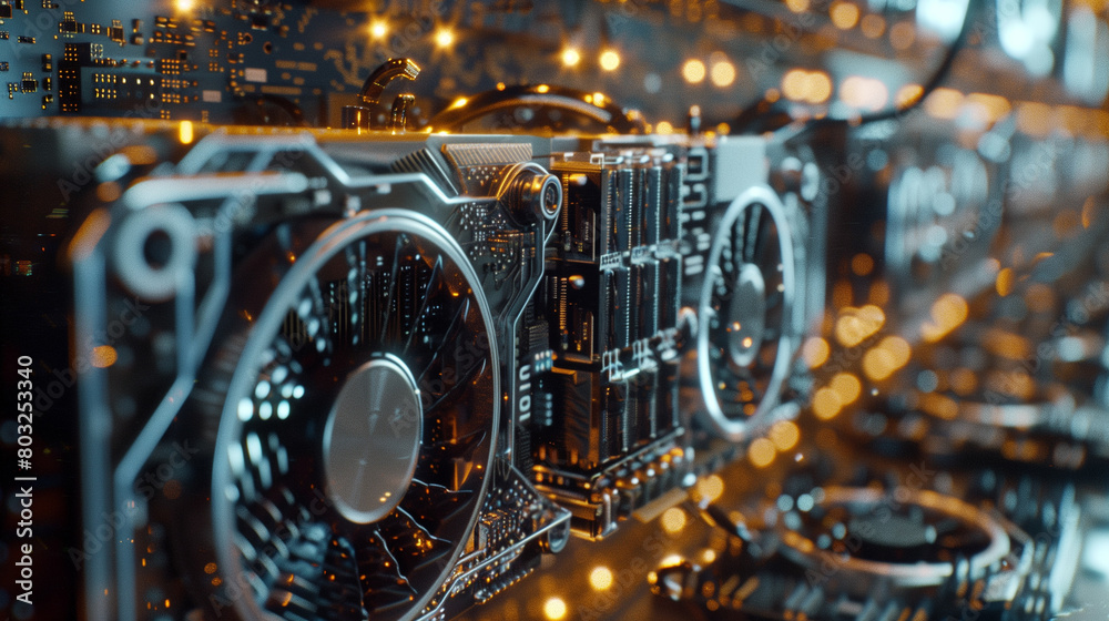 Advanced GPU setup in a high-tech data center, showcasing the intricate ...